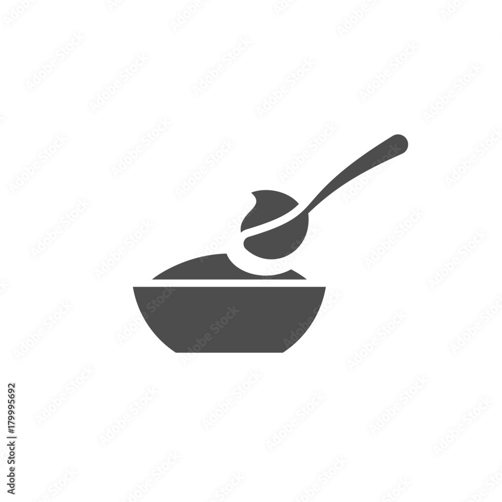 Baby spoon and bowl full of meal vector icon isolated. Baby spoon and ...