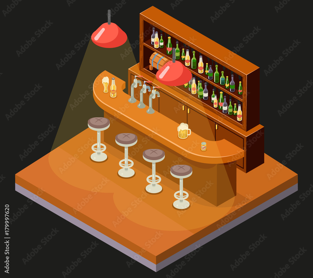 Isometric Pub Bar Restaurant Cafe Symbol Alcohol Beer House Interior 3d ...