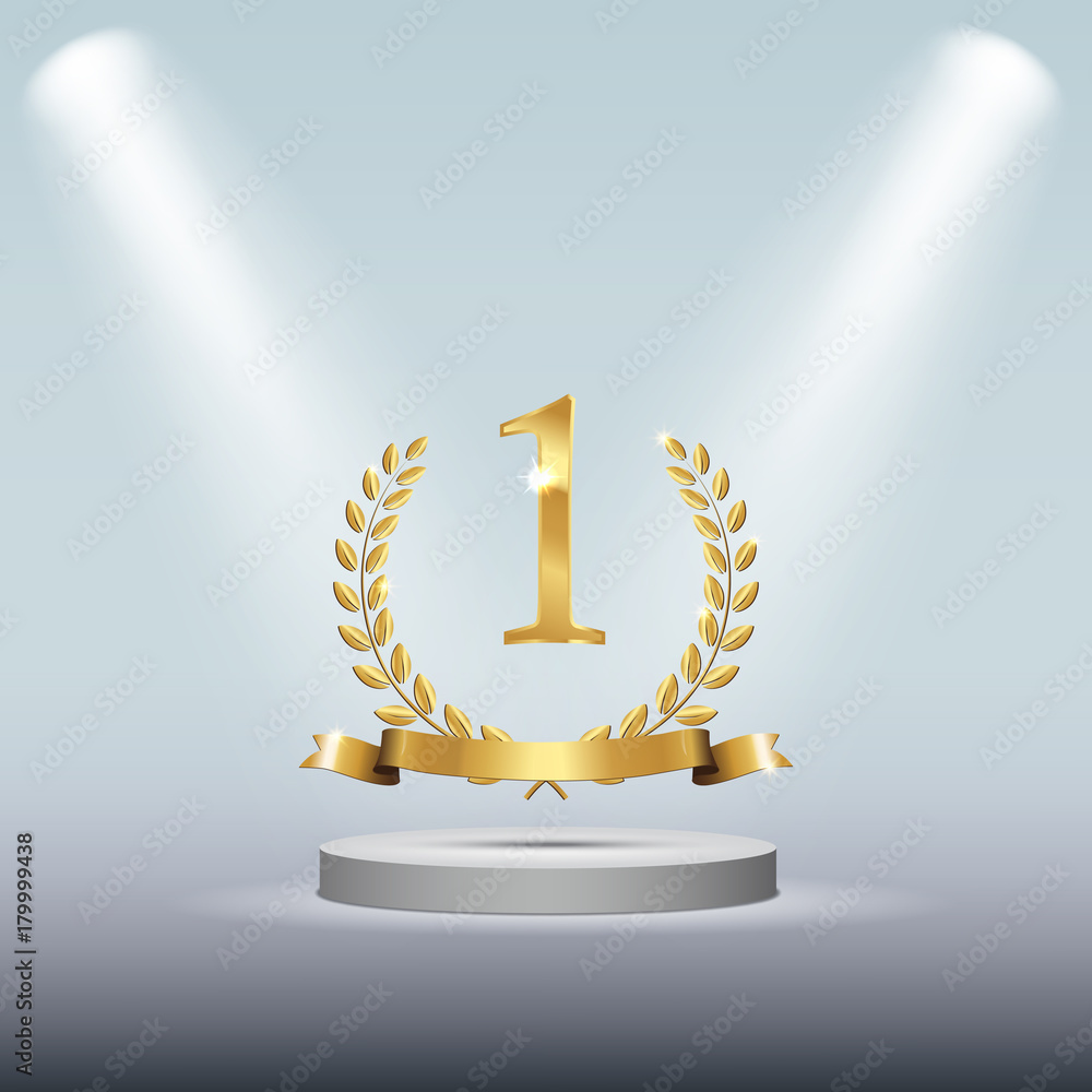 Winner round pedestal with golden number one symbol, laurel wreath and ...