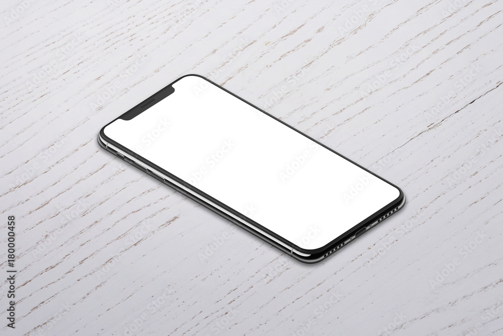 Smart phone with x curved display screen in isometric position on white ...