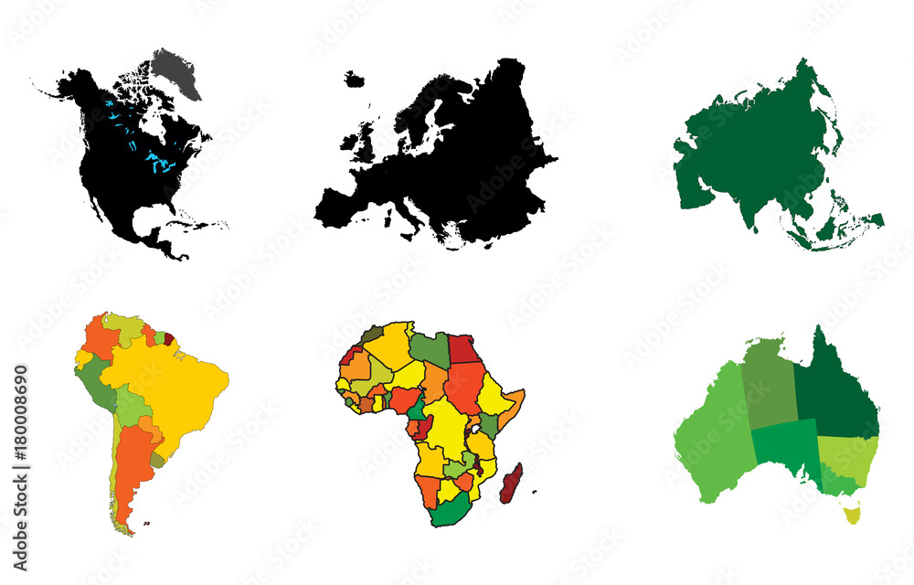Continents maps, separated, vector isolated on white background. High ...