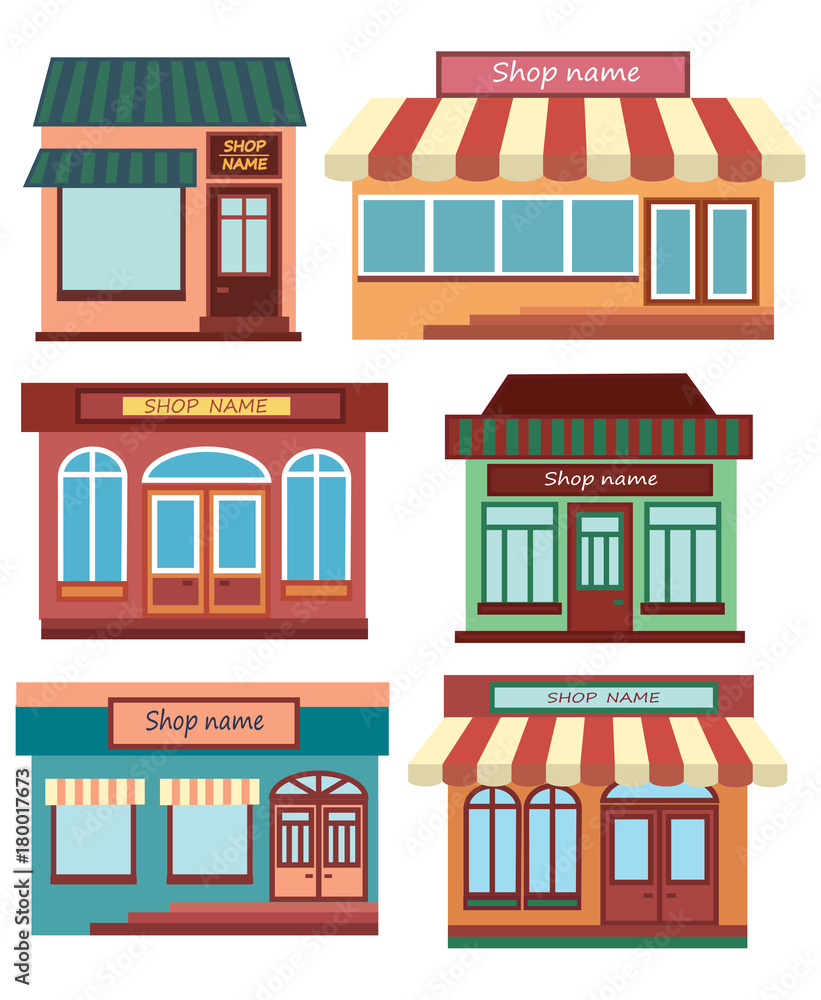 Set of shops. A collection of small cartoon shops with a sign. Stylized ...