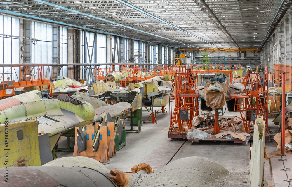 Aviation factory of military aircraft. Assembly of the fighter Stock ...