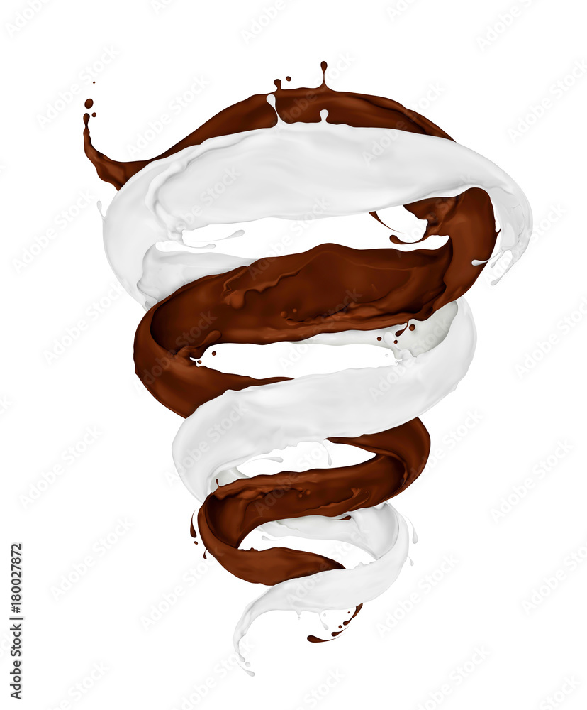 Splashes of chocolate and milk twisted into a spiral on a white ...