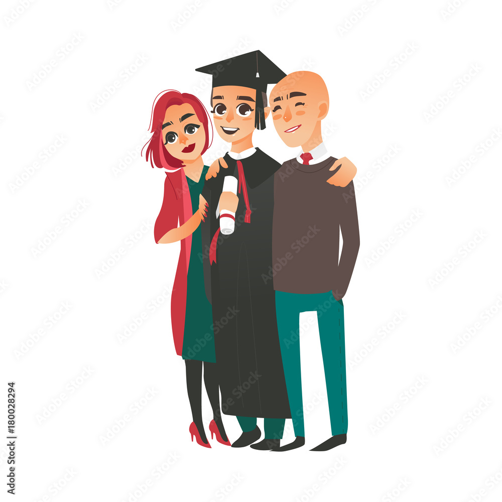 Happy boy in graduation cap and gown standing, hugging with his proud ...