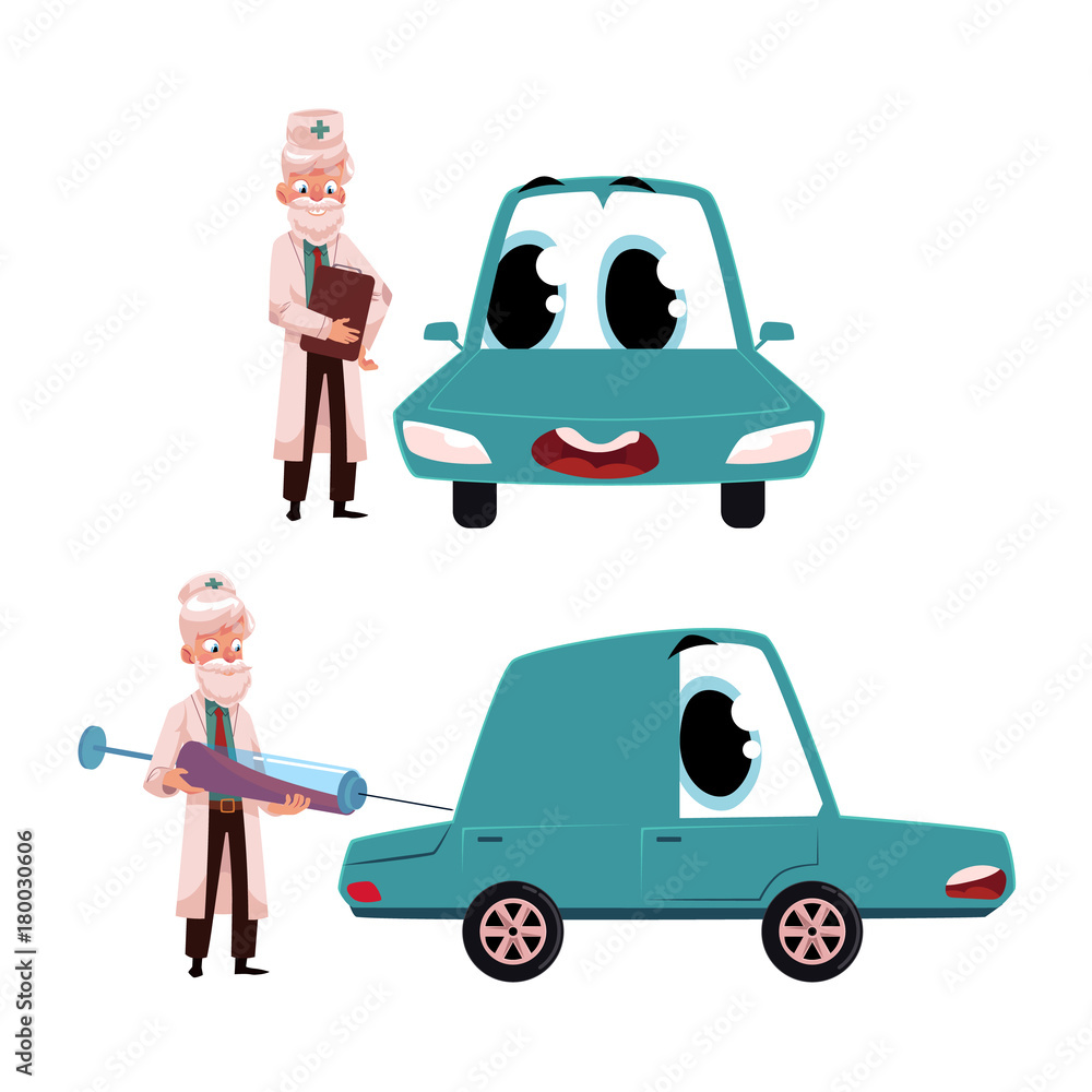 vector flat cartoon male grey-haired doctor mechanic in white medical ...