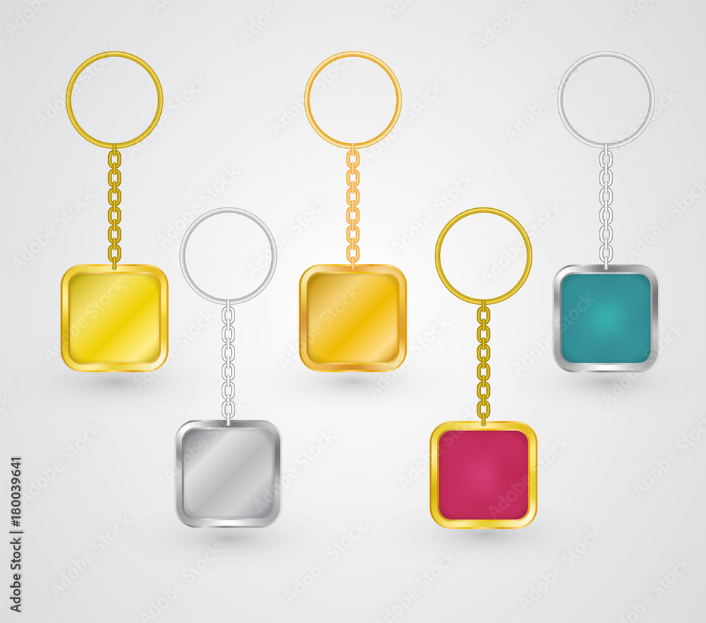 Realistic key chain holders, vector medal templates hanging on the ring ...