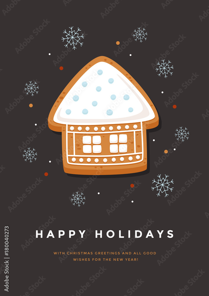 Christmas card with gingerbread house and inscription Happy Holidays ...