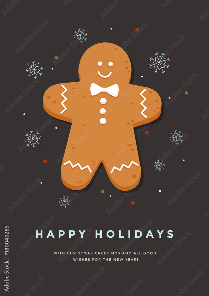 Christmas card with gingerbread man and inscription Happy Holidays ...