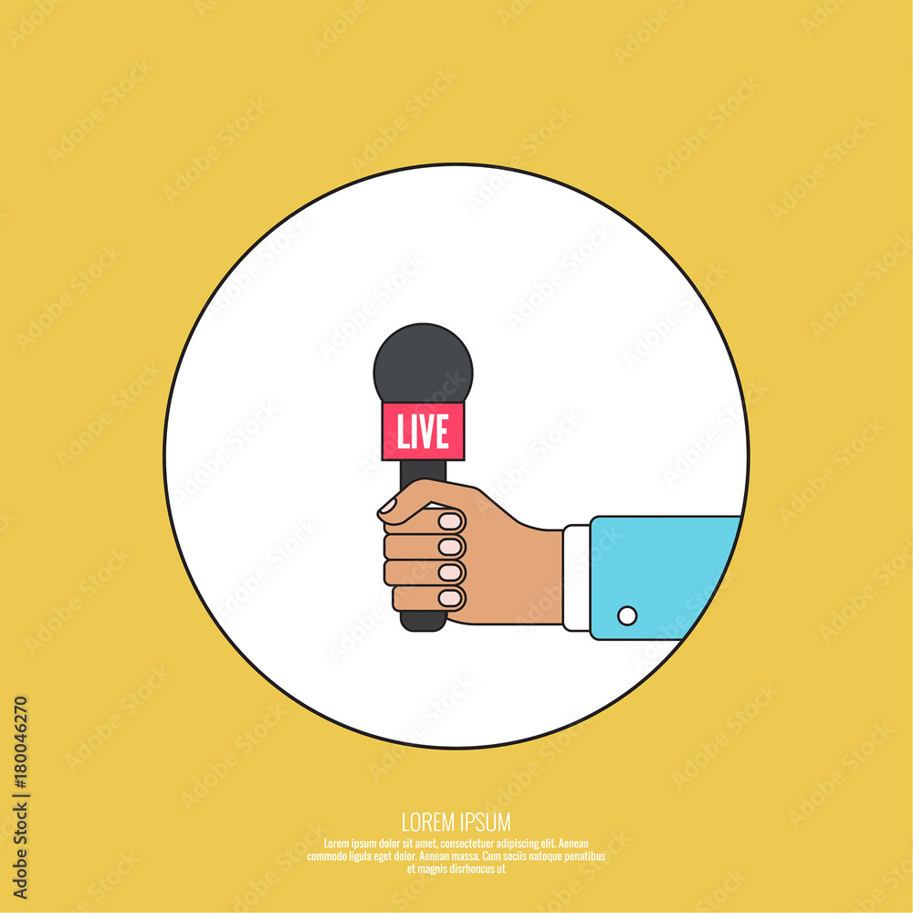 Journalism concept. Live news template with microphone. Symbol breaking ...