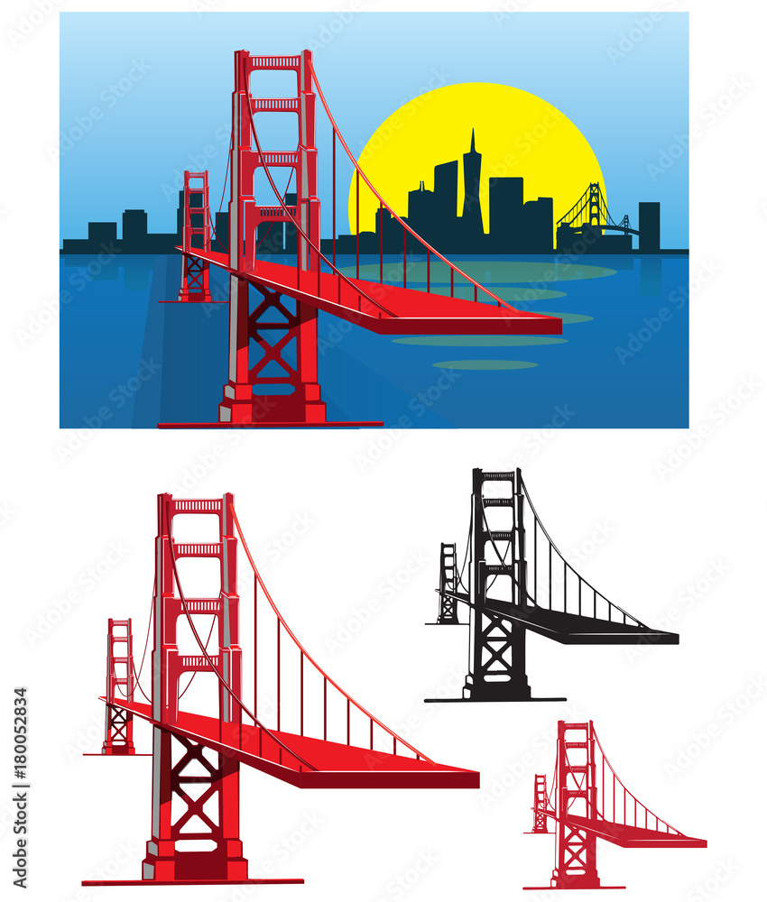 San Francisco Bay Golden Gate Bridge Vector Illustration Pack Stock ...