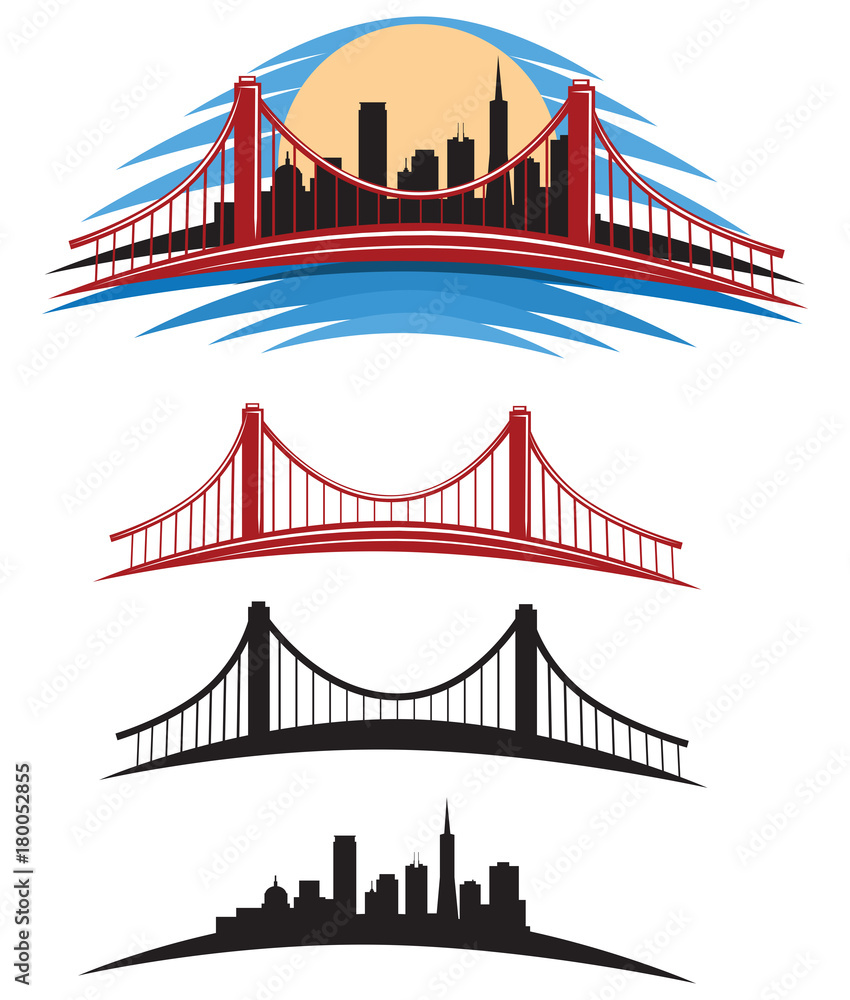 San Francisco Bay Golden Gate Bridge Vector Illustration Pack Stock ...