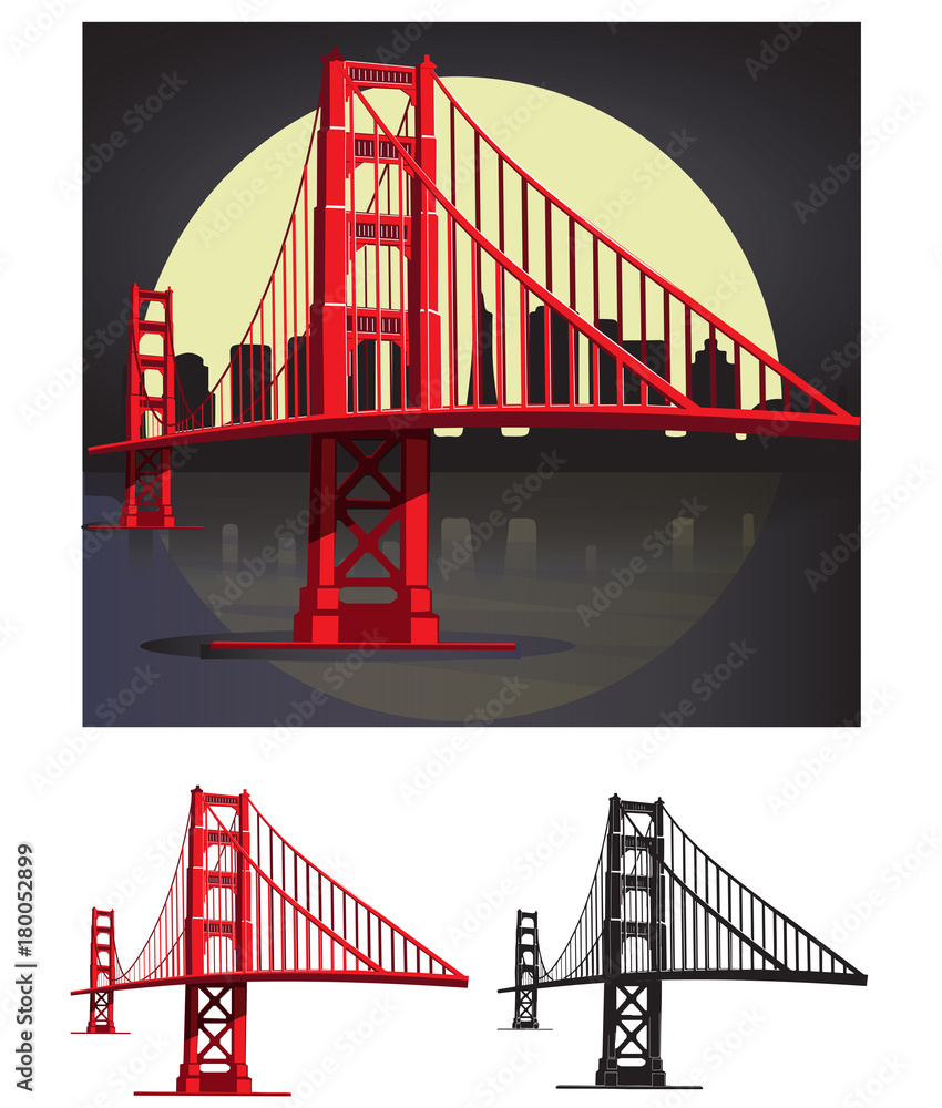 San Francisco Bay Golden Gate Bridge Vector Illustration Pack Stock ...