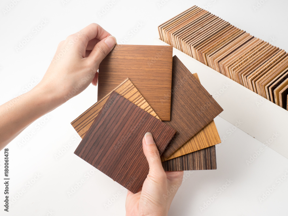 Samples of veneer wood on white background. interior design select ...