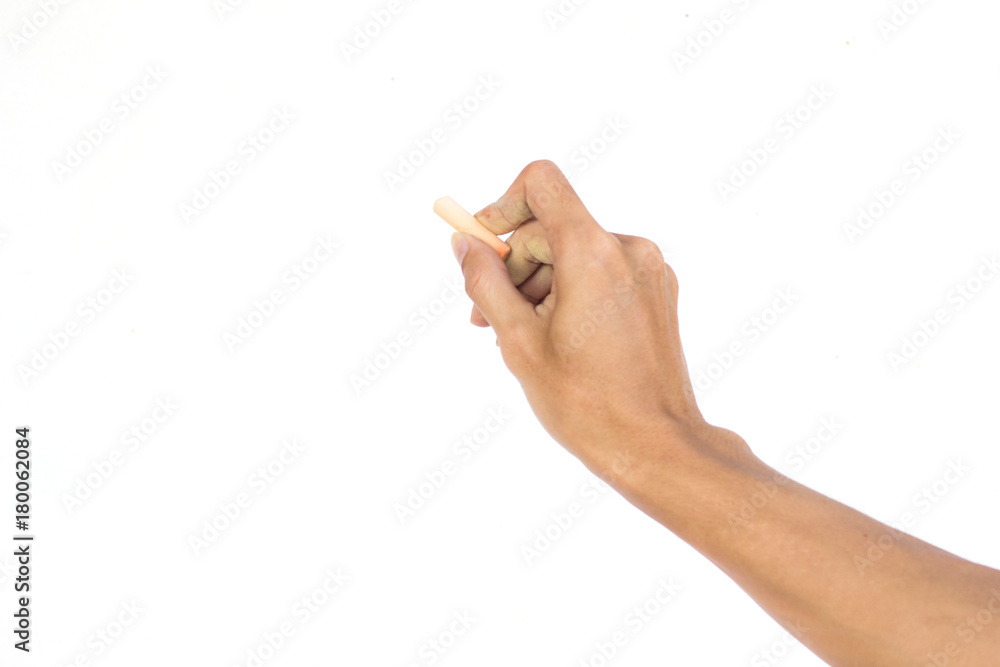 Hand holding chalk writing something text on empty space. Isolated on ...