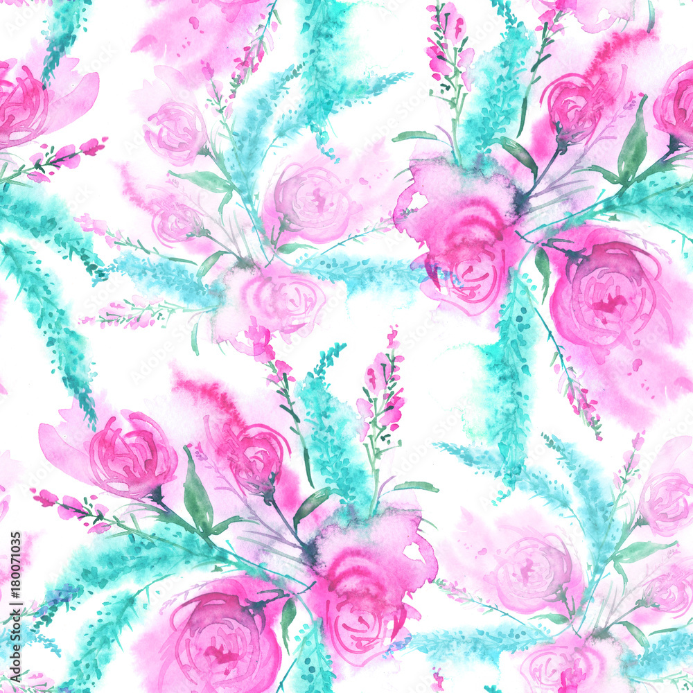 Watercolor seamless vintage background with a floral pattern, a branch ...