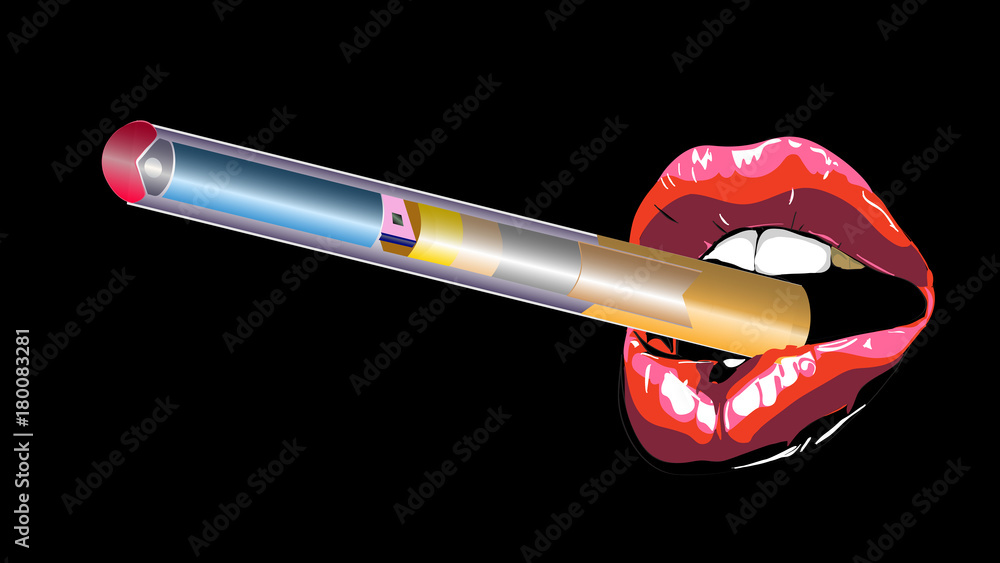 Lips Cigarette Sexy Biting Red Lips Abstract Lipstick In The Open Mouth With Electron
