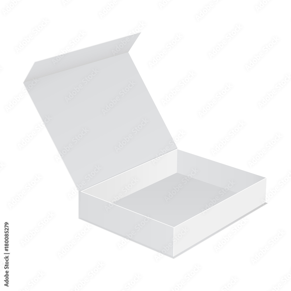 Open box with lid isolated on white background. Blank packaging mockup ...