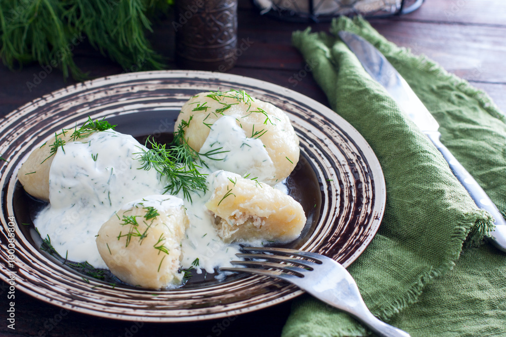 Traditional Lithuanian dish meal cuisine - stuffed meat potato dumpling ...