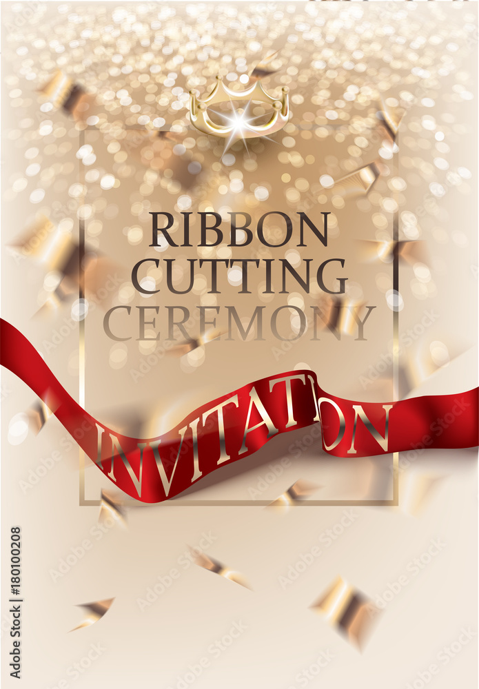 Ribbon cutting ceremony invitation card with gold confetti and red silk ...