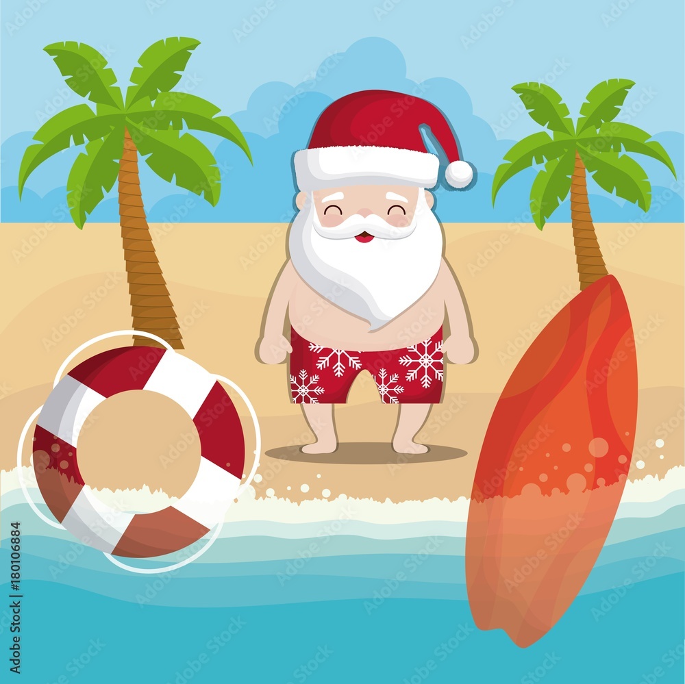 cartoon santa claus on the beach colorful design vector illustration ...