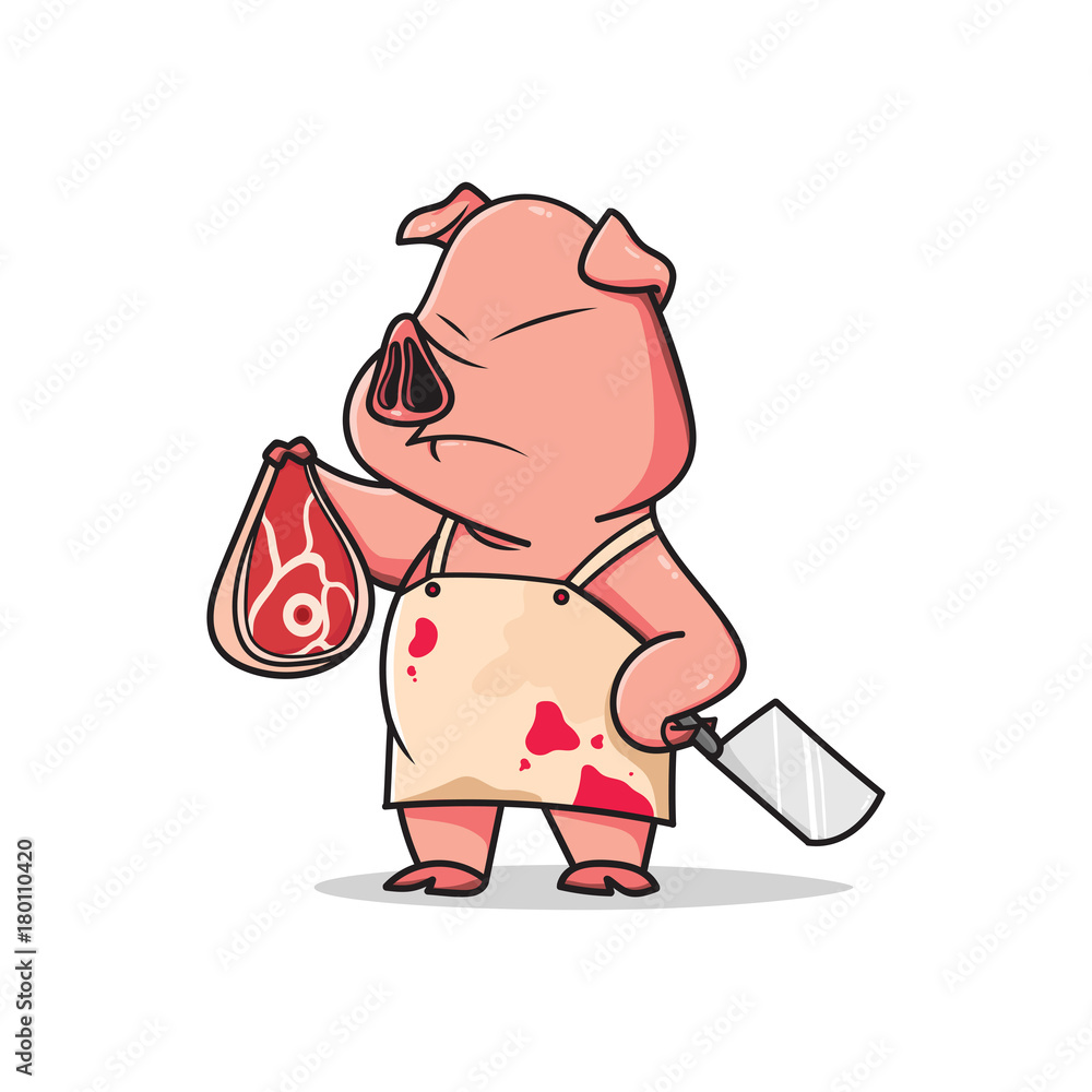 Pig Butcher with fresh meat and knife in his hands, angry face ...