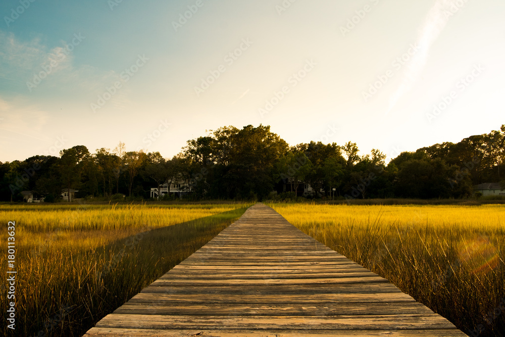 wooden pier in south carolina low country marsh at sunset with green ...