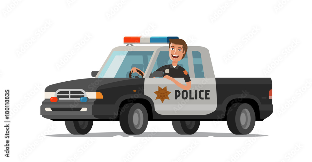 Happy sheriff rides in car. Police pickup truck. Cartoon vector ...