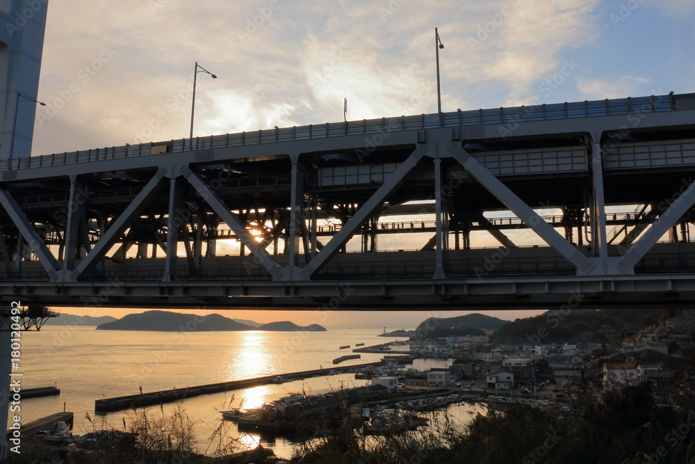 Shimotsui Harbor and Seto Ohashi Bridge in Sunset Stock Photo | Adobe Stock