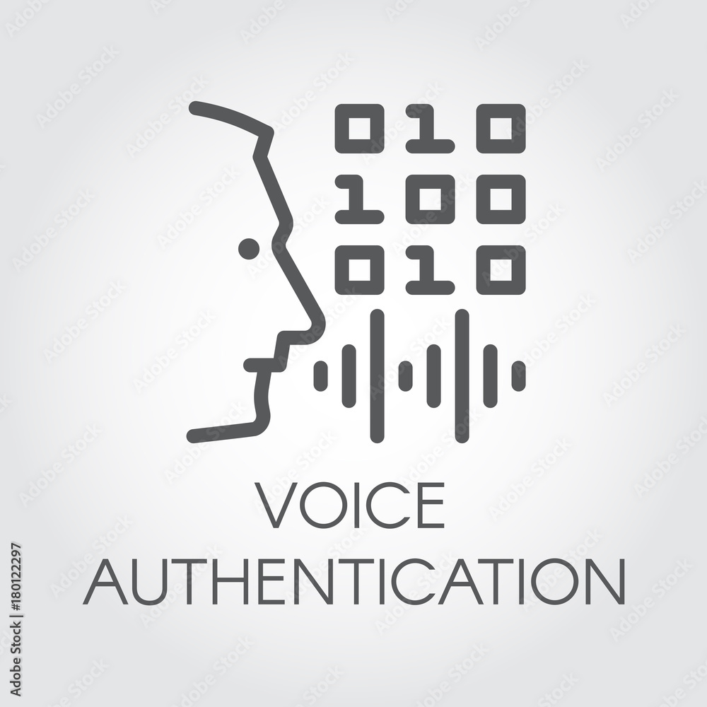 Voice authentication outline icon. Profile of man head, soundwave and ...
