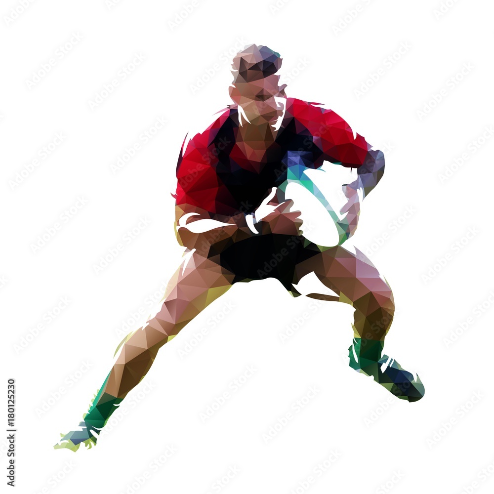 Low poly rugby player running with ball, abstract vector illustration ...