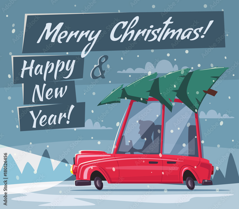 Man is driving a vintage car with christmas tree on the roof. Cartoon ...