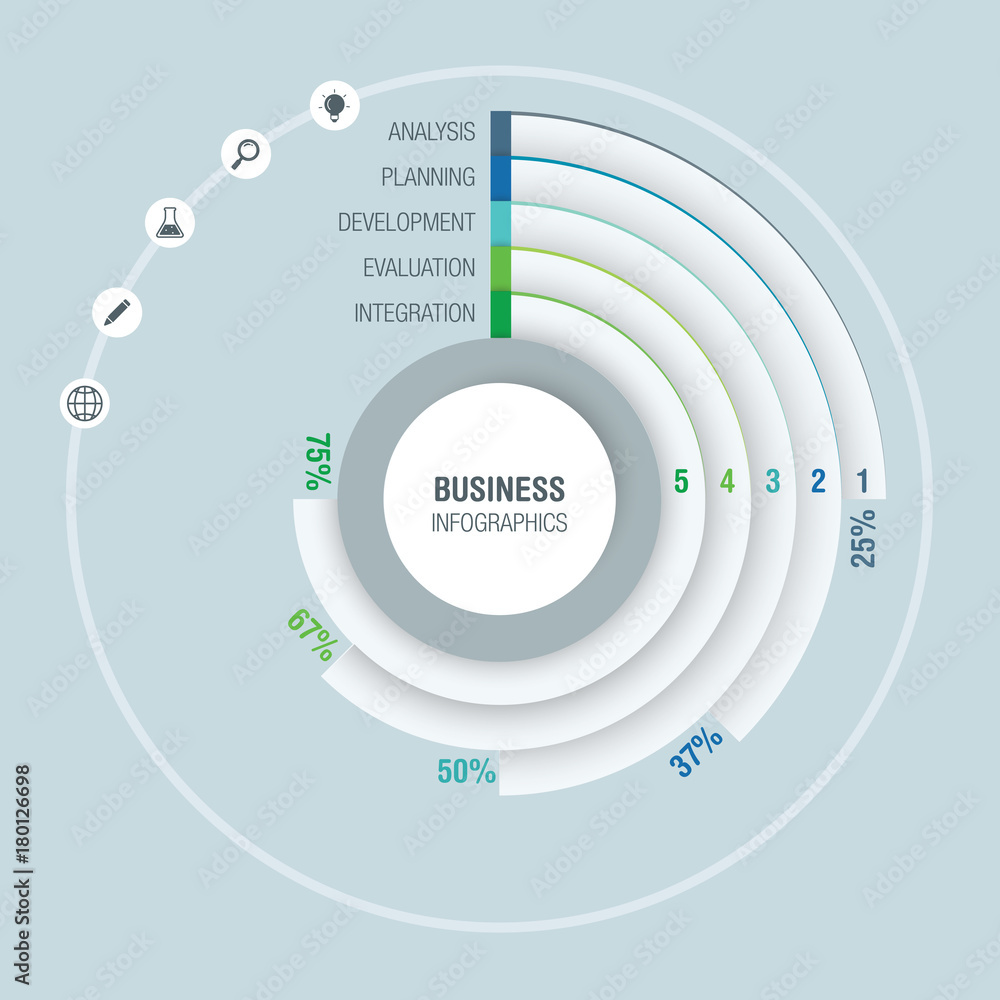 Colorful business infographics, radial chart, diagram with 5 ...