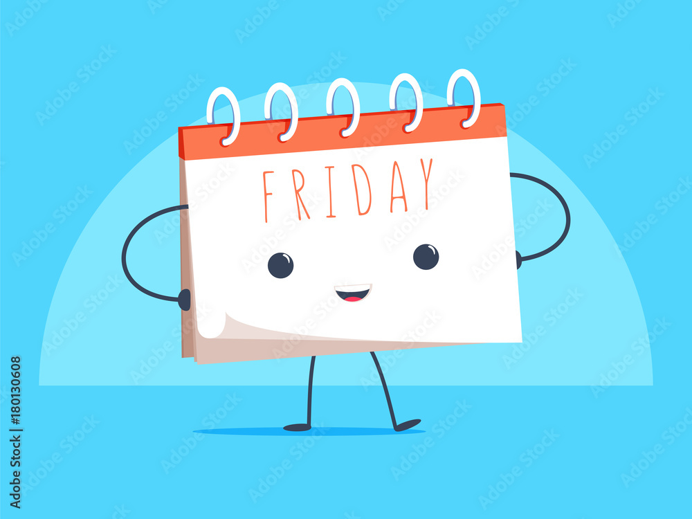 Happy calendar cartoon mascot character smiling on Friday page vector ...