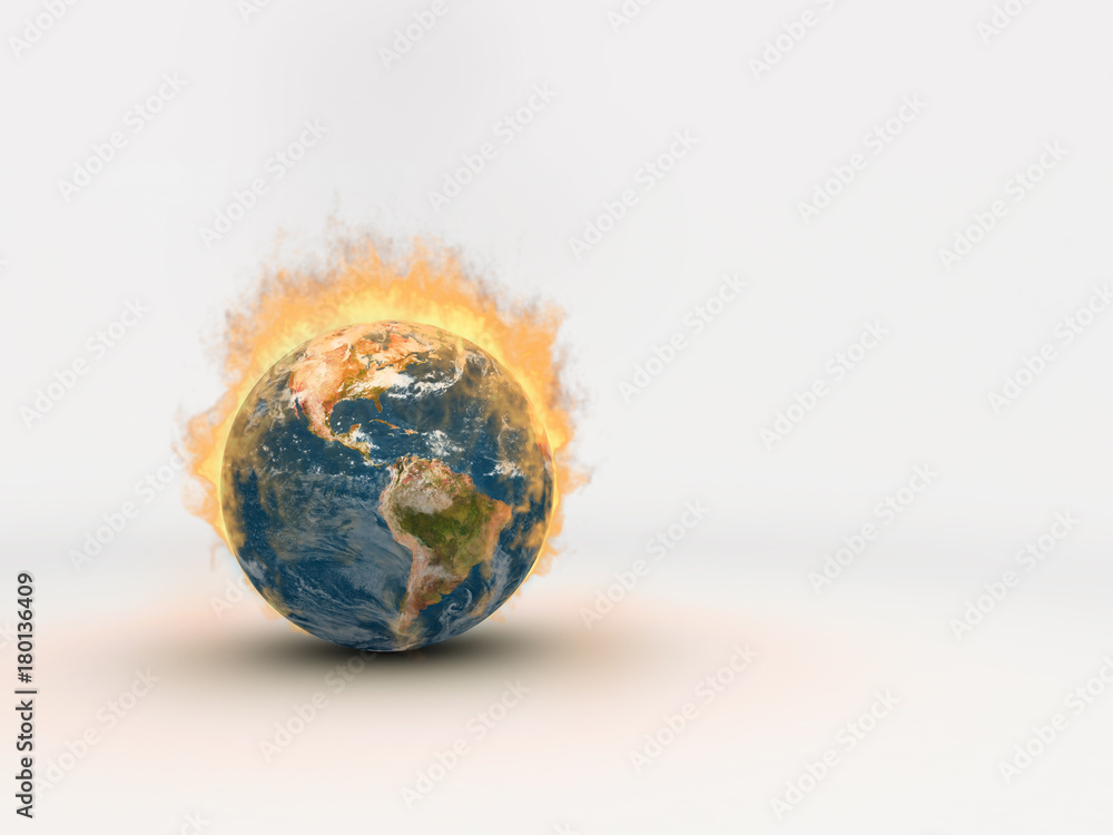 The planet Earth on fire, with flames reaching high. The fiery globe ...