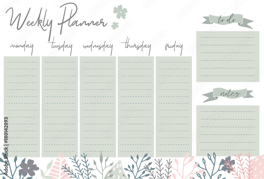 Green weekly planner with flowers, stationery organizer for daily plans ...