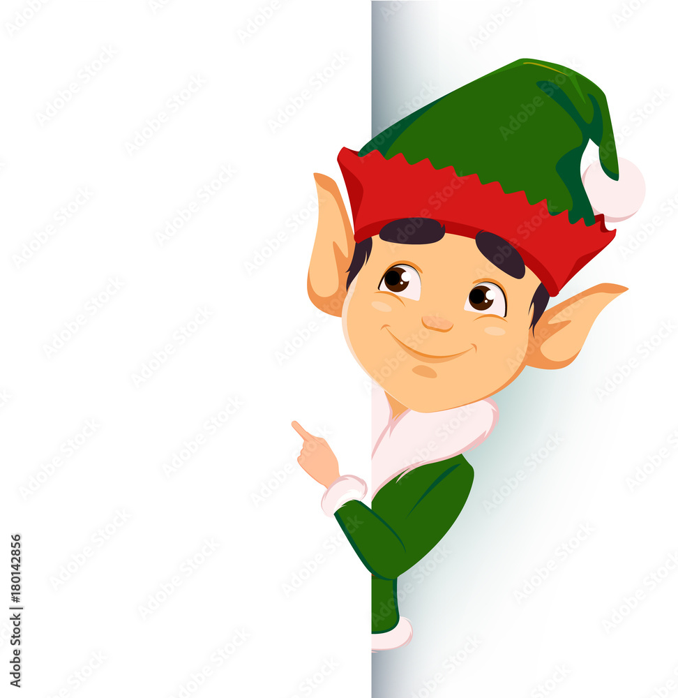 Elf standing behind a sign and showing on blank placard Stock Vector ...