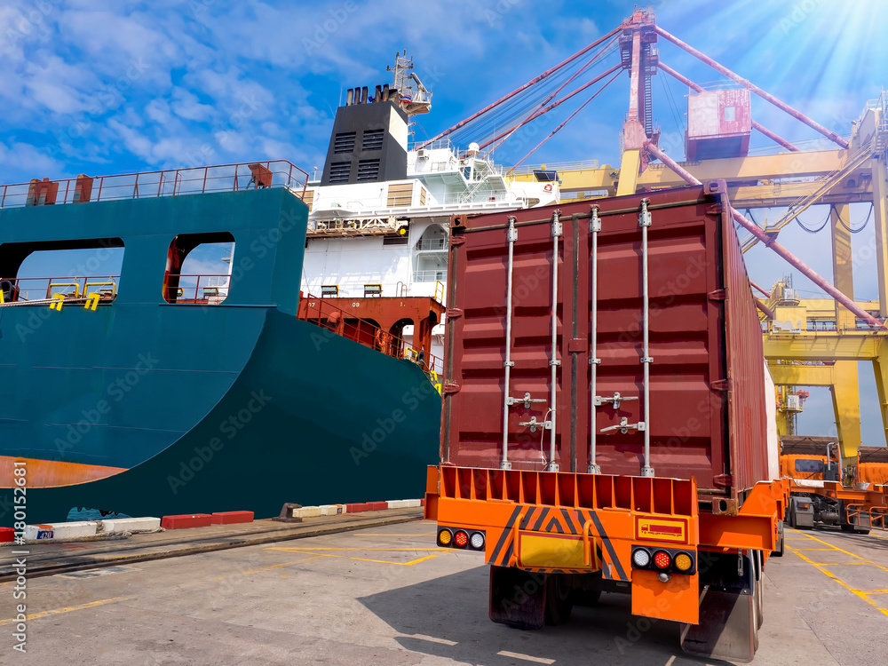 Port operation loading container on board, The trucks pick up container ...