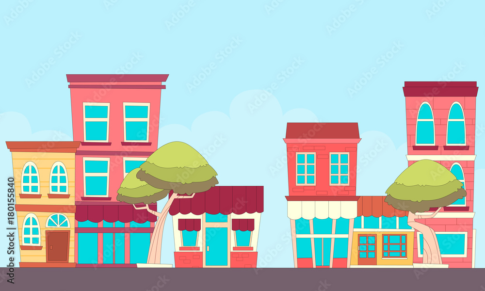 A small town street with shops. Flat design. Vector illustration Stock ...