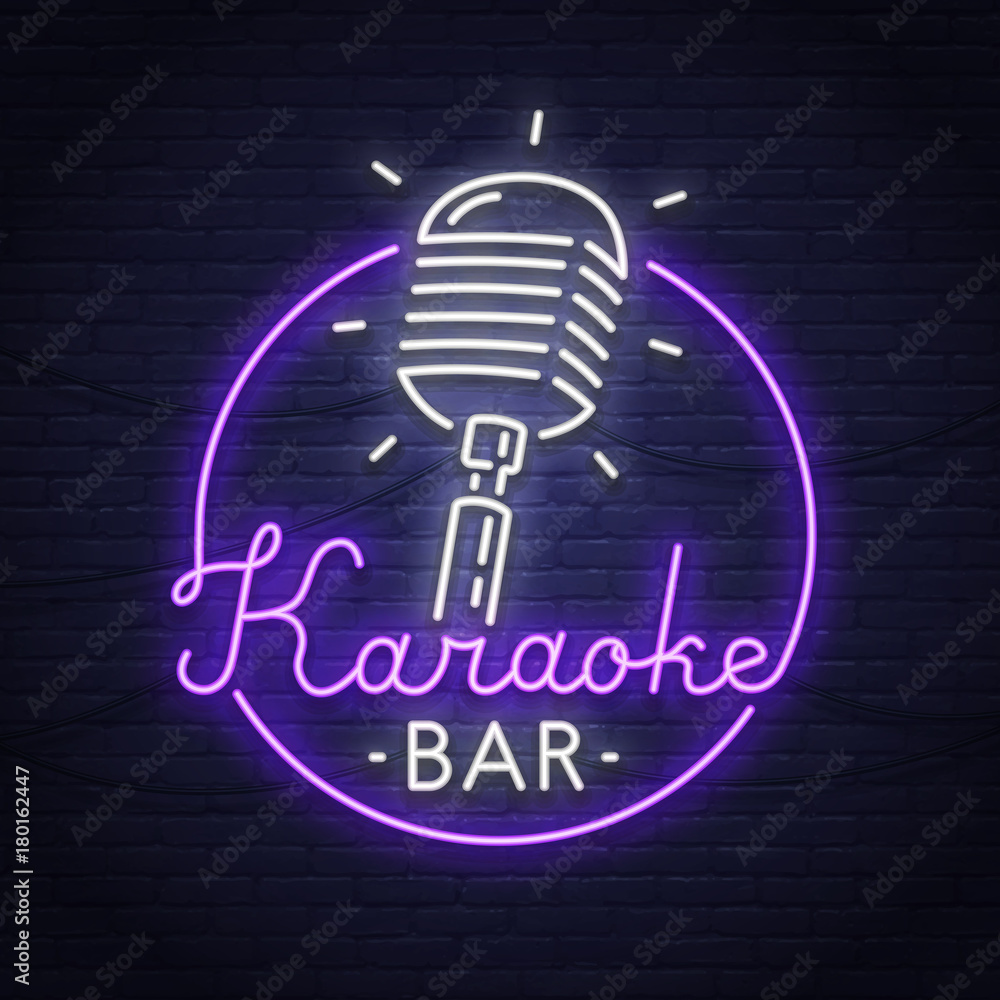 Karaoke neon sign. Neon sign. Karaoke logo, emblem and label. Bright ...