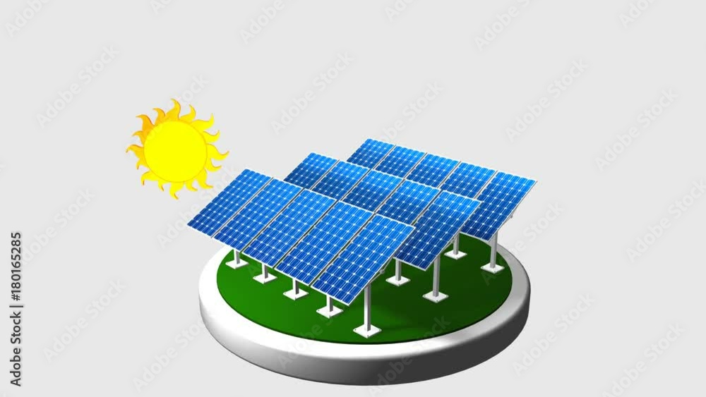 3D animation of a group of solar panels following the path of the sun ...