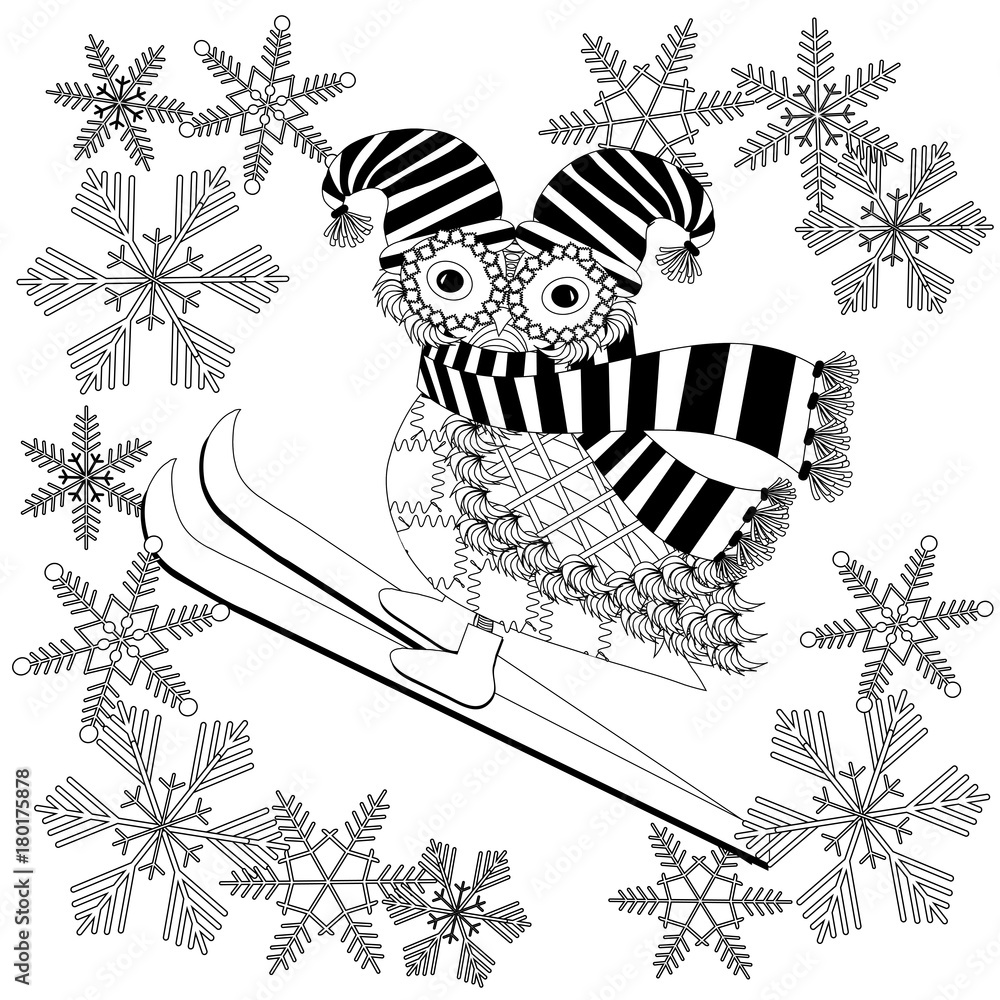 Monochrome cartoon owl in striped scarf, hat, skiing in snowflex frame ...