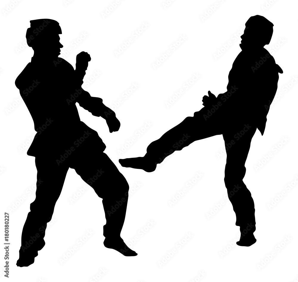 Fight between two taekwondo fighters vector silhouette illustration ...