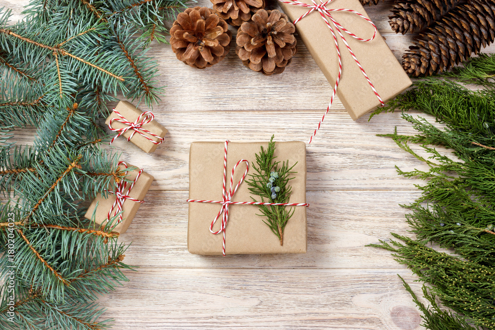 wrapping gifts concept for holiday on white background top view mock up ...
