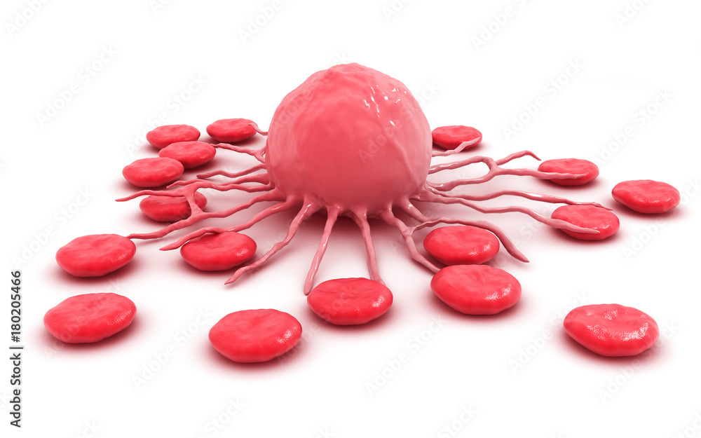 3d rendered cancer cell and blood cells isolated on white background ...
