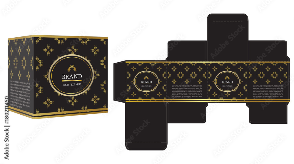 Packaging design, black and gold luxury box design template and mockup ...