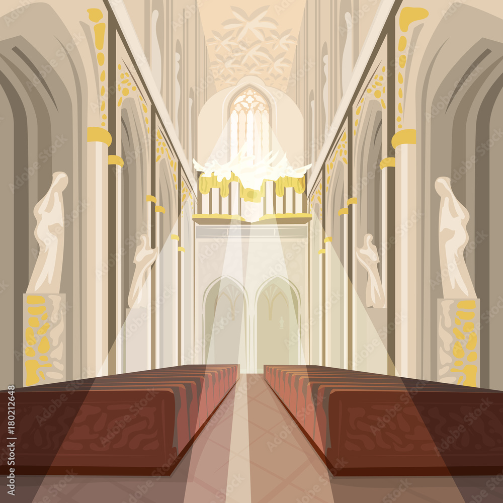 Beautiful view on nave from altar inside Cathedral Church. Interior of ...