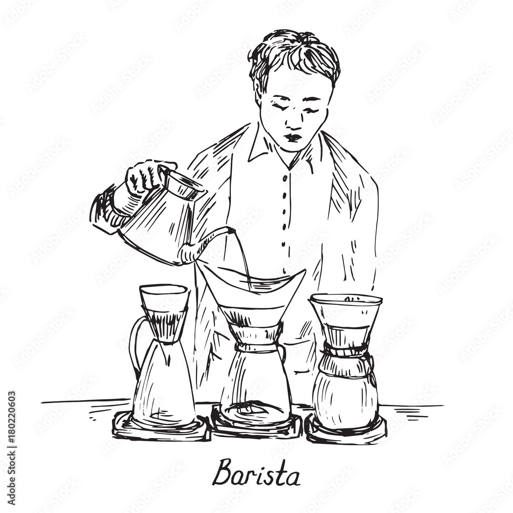Barista at work, hand drawn doodle, sketch in pop art style, black and ...