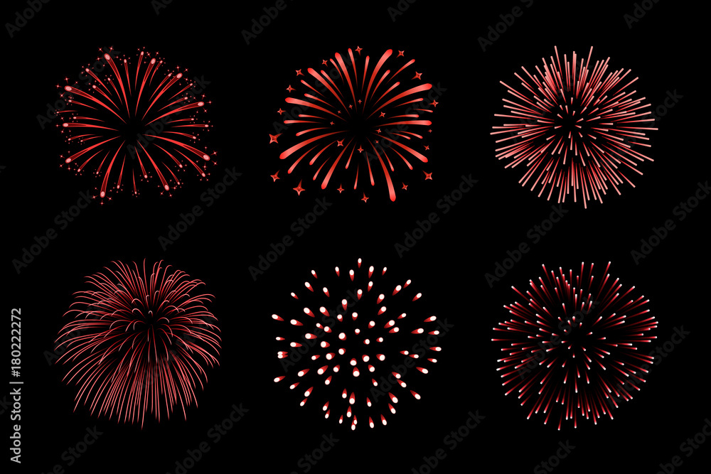 Beautiful red fireworks set. Bright fireworks isolated black background ...