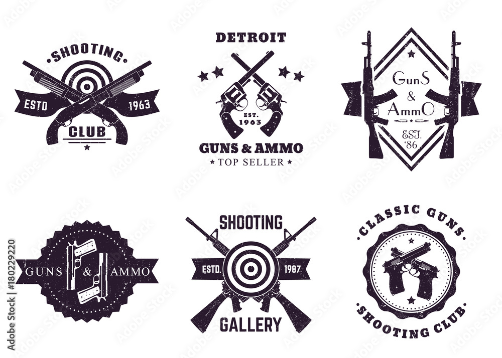 guns and ammo, vintage logos, badges with automatic rifles, crossed ...
